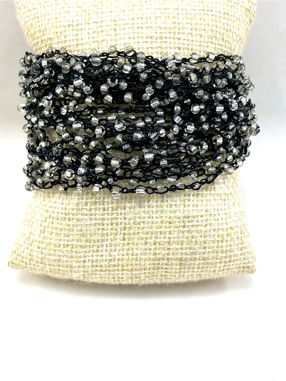 Jewelry | Vintage Black Beaded Multistrand Wrap Bracelet With Clear ...